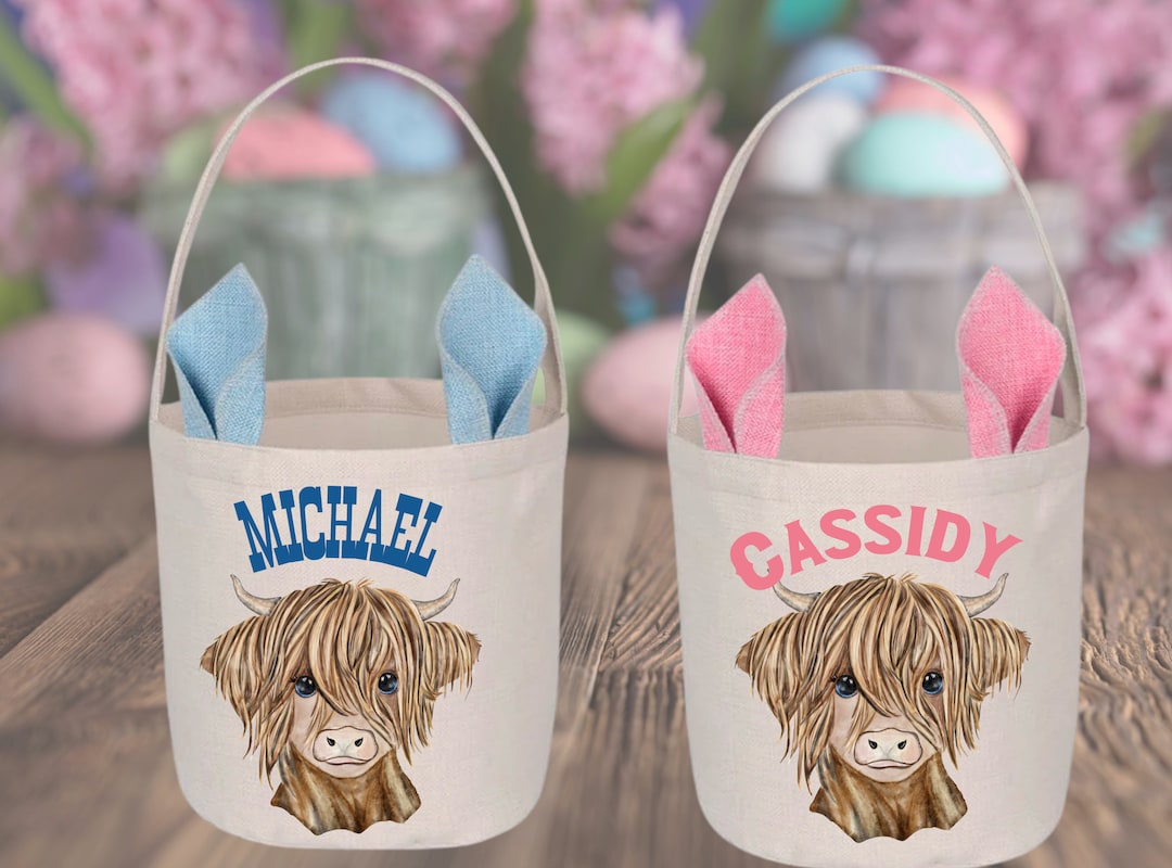 EASTER BASKET, Personalized Highland Cow Basket, Easter Basket for Kids ...