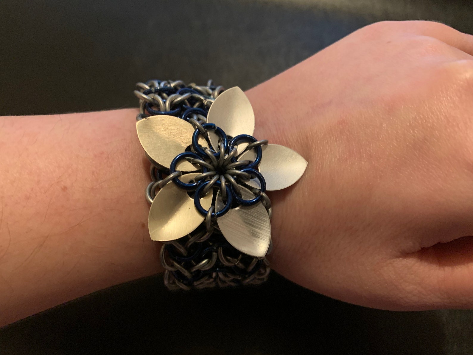 Scale Flower Blue and Silver Elf Weave Cuff | Etsy