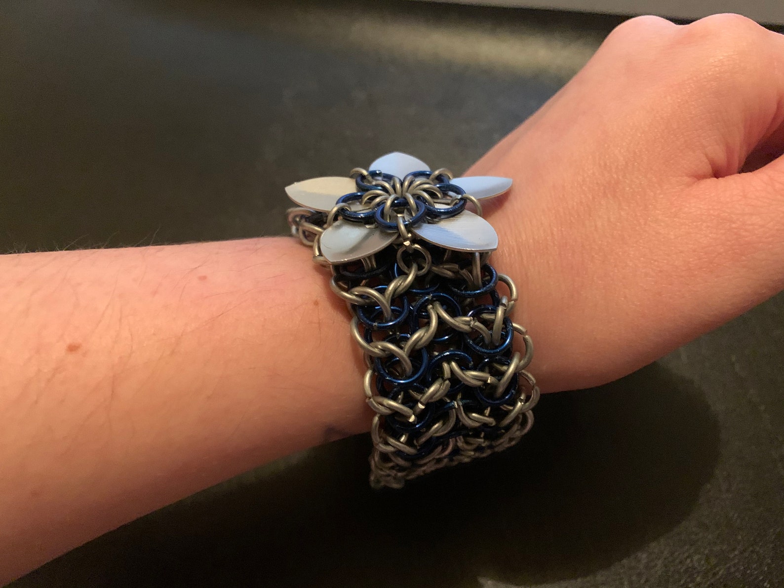 Scale Flower Blue and Silver Elf Weave Cuff | Etsy