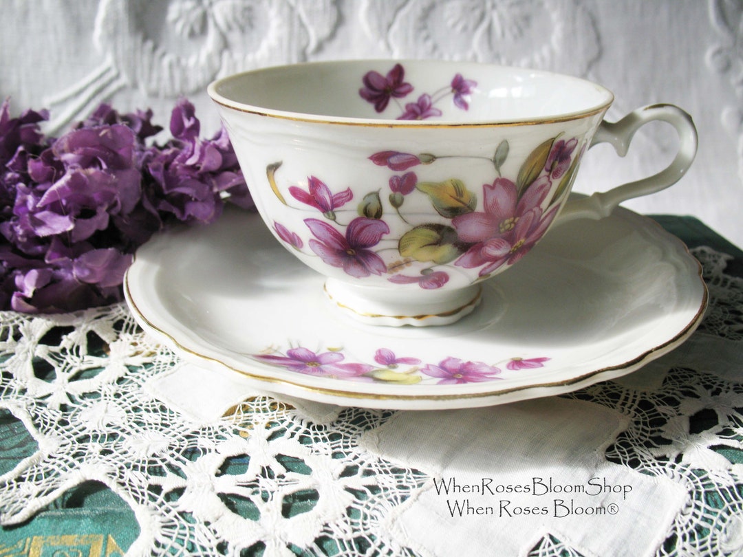 Tea Cup Purple Violets Footed Made in Japan Vintage Retro Teatime ...