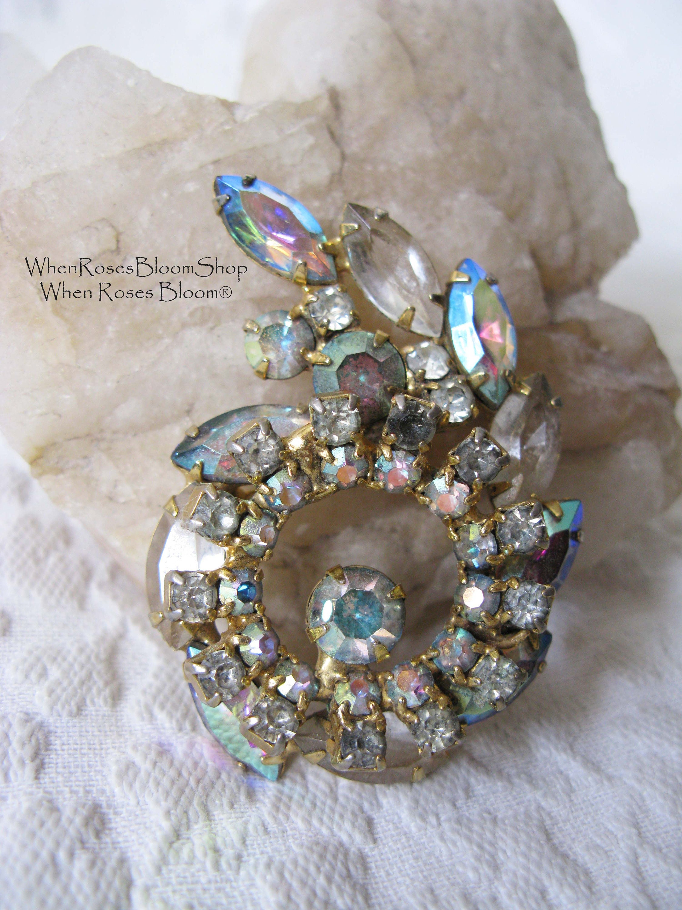 Rhinestone Brooch Vintage Costume Jewelry Aurora Borealis Statement Pin Bridal Mid Century Retro Style Lapel Dress Pin When Roses Bloom Etsy