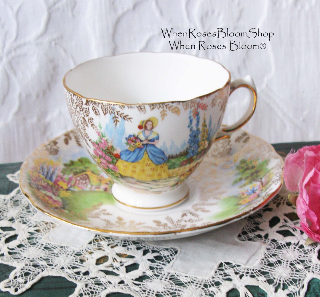 Vintage Footed Teacup Cottage Colonial Lady English Mid Century Teatime ...
