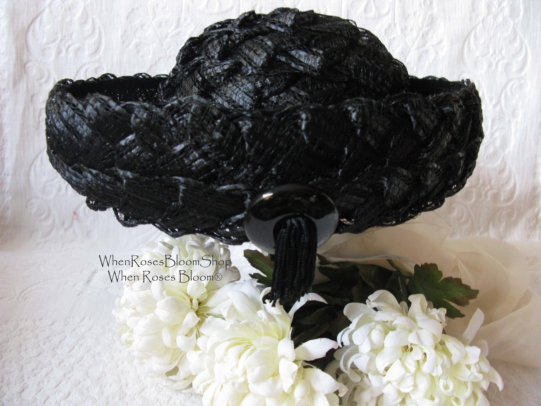 Black Hat Summer Straw English Breton Vintage Mid Century Retro Party ...