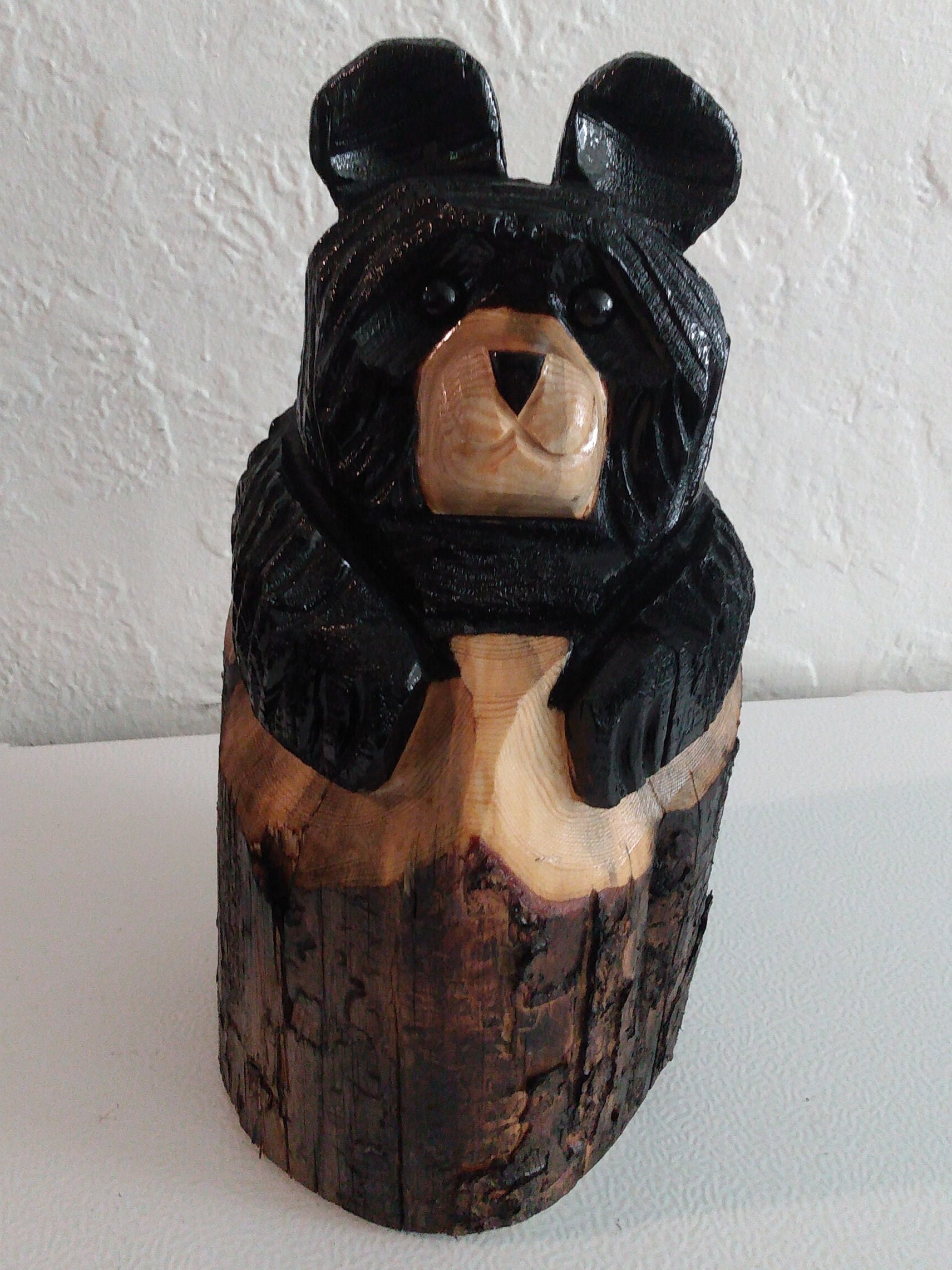 Bear in a Log 9" Chainsaw Carved Bear Wood Carving Sculpture Log Bear ...