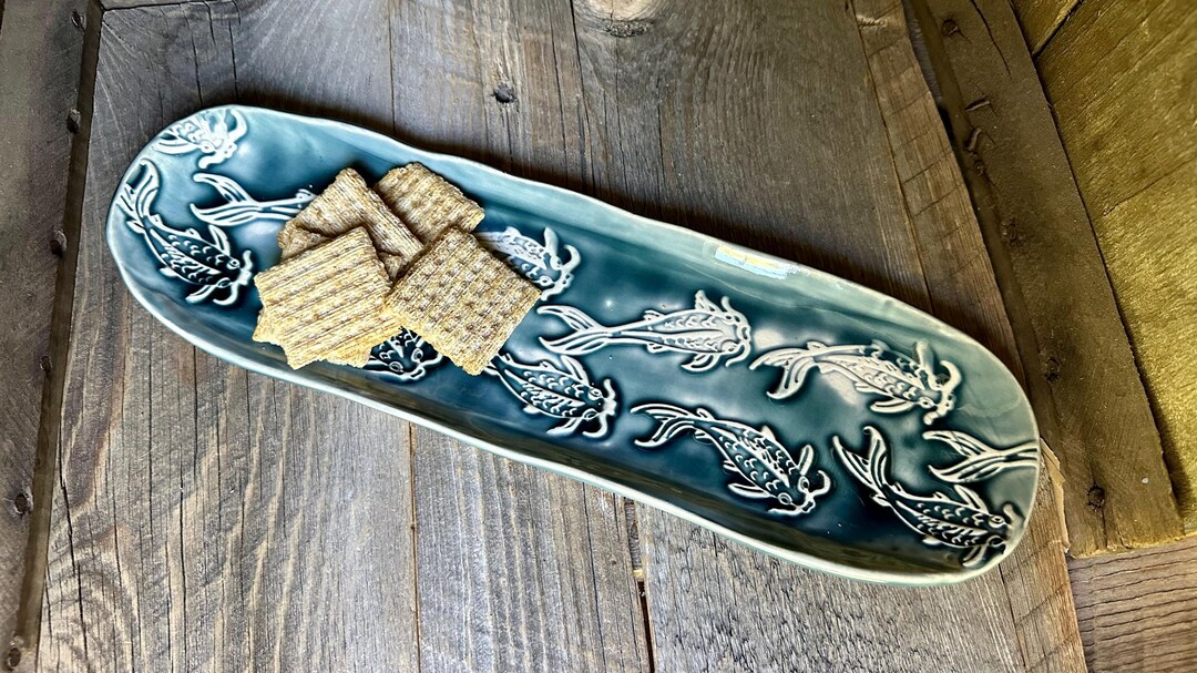 Large Ocean Blue Platter Raised Swimming Koi Fish Impressions Handmade ...