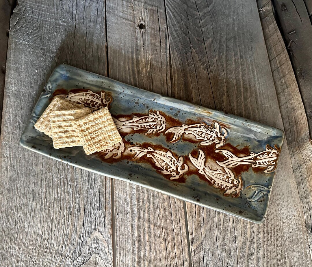 Ocean Blue Platter With Raised Koi Fish Impressions Handmade Sushi ...