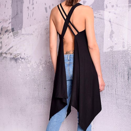 Black Top Black Tank Tunic Top Open Back Top Summer Top - Etsy