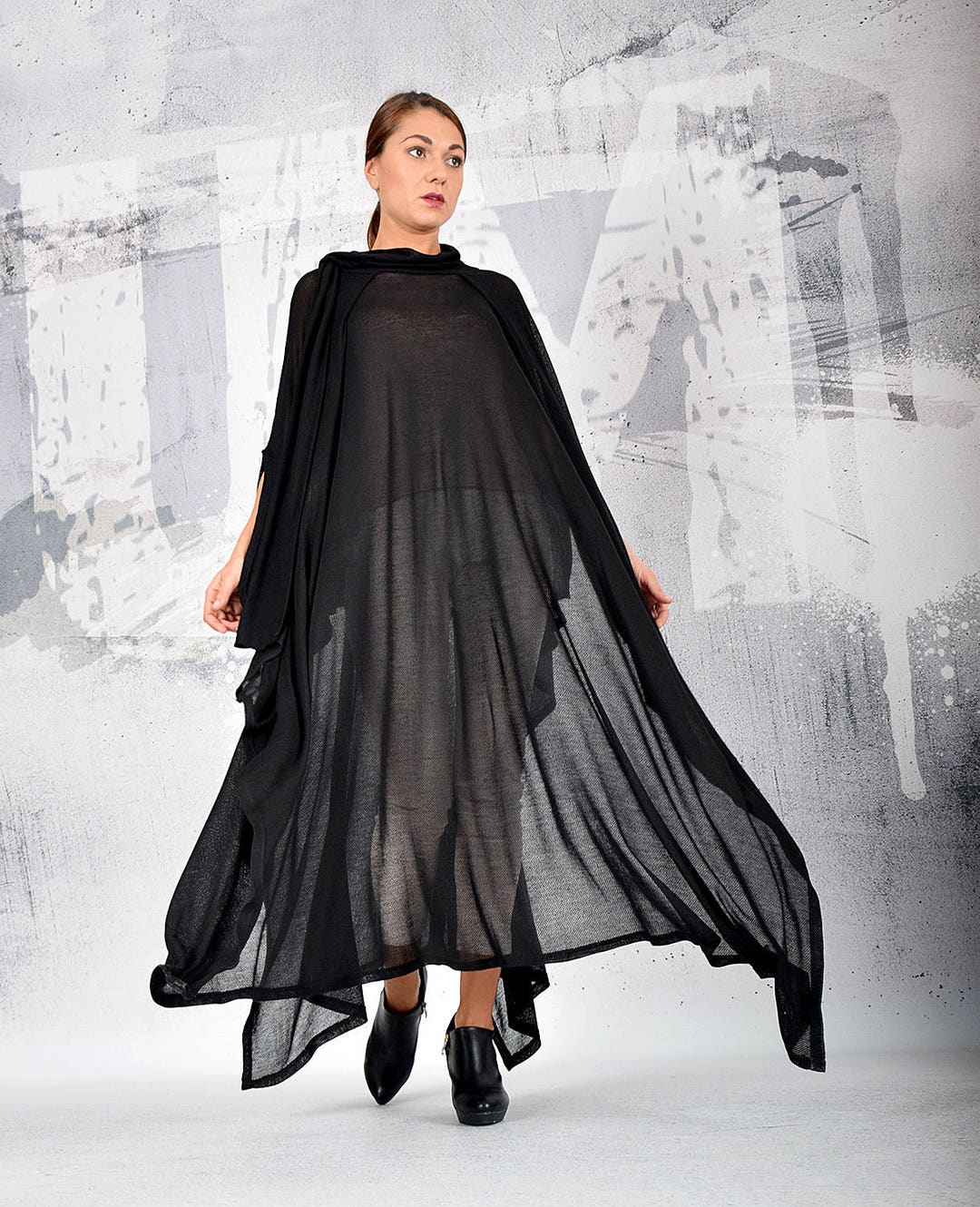 Women's Black Sheer Cape Tunic, Black Cape, Transparent Cloak ...