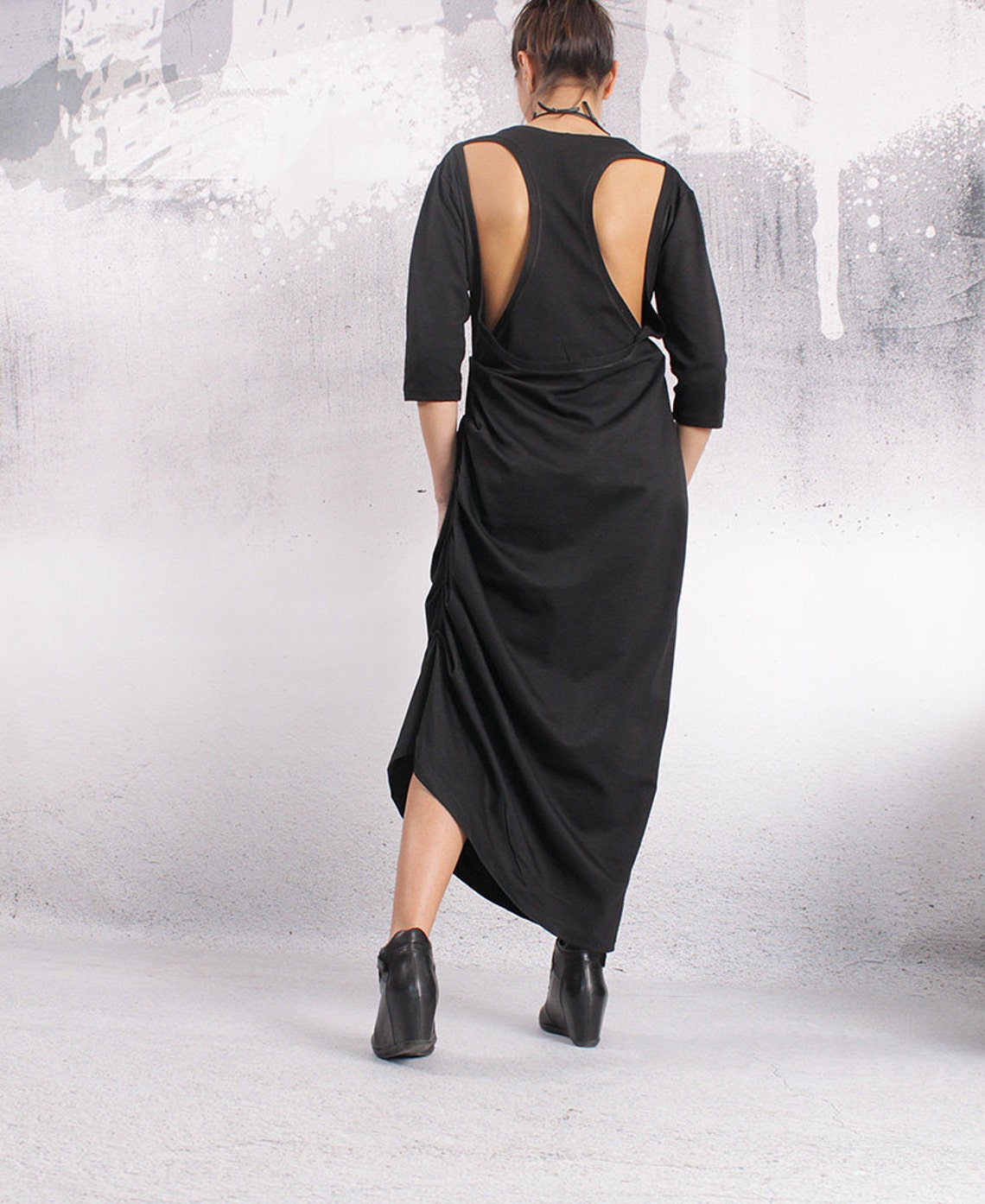 Dress, Long Dress With Open Back, Loose Dress, Asymmetric Dress, Black ...
