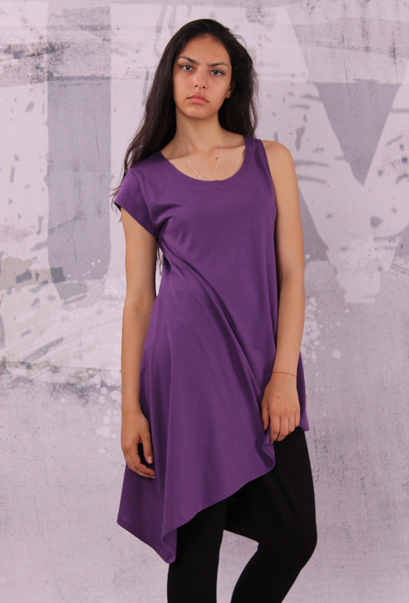 Top, Asymmetrical Purple Tunic, Top With One Short Sleeve, Loose Tunic ...