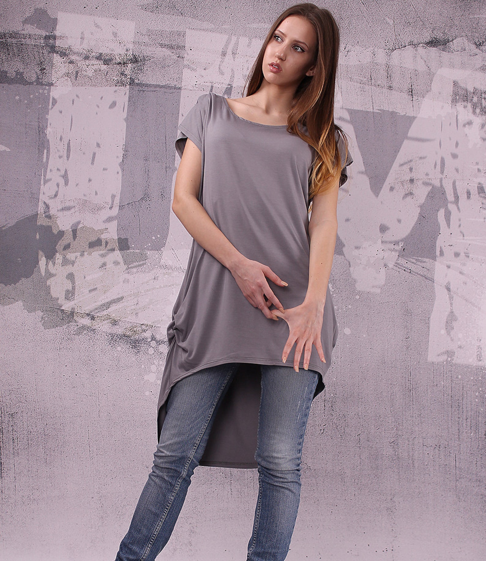 Asymmetrical Gray Tunic Top With Short Sleeves, Loose Tunic, Tunic Top ...