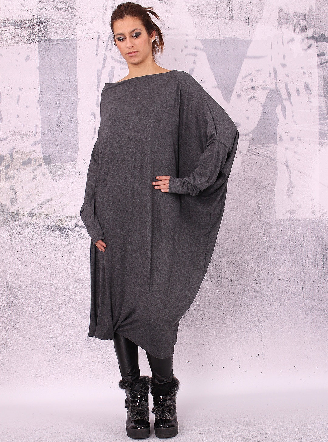 Graphite Gray Maxi Dress, Extravagant Asymmetrical Tunic Dress, Plus ...