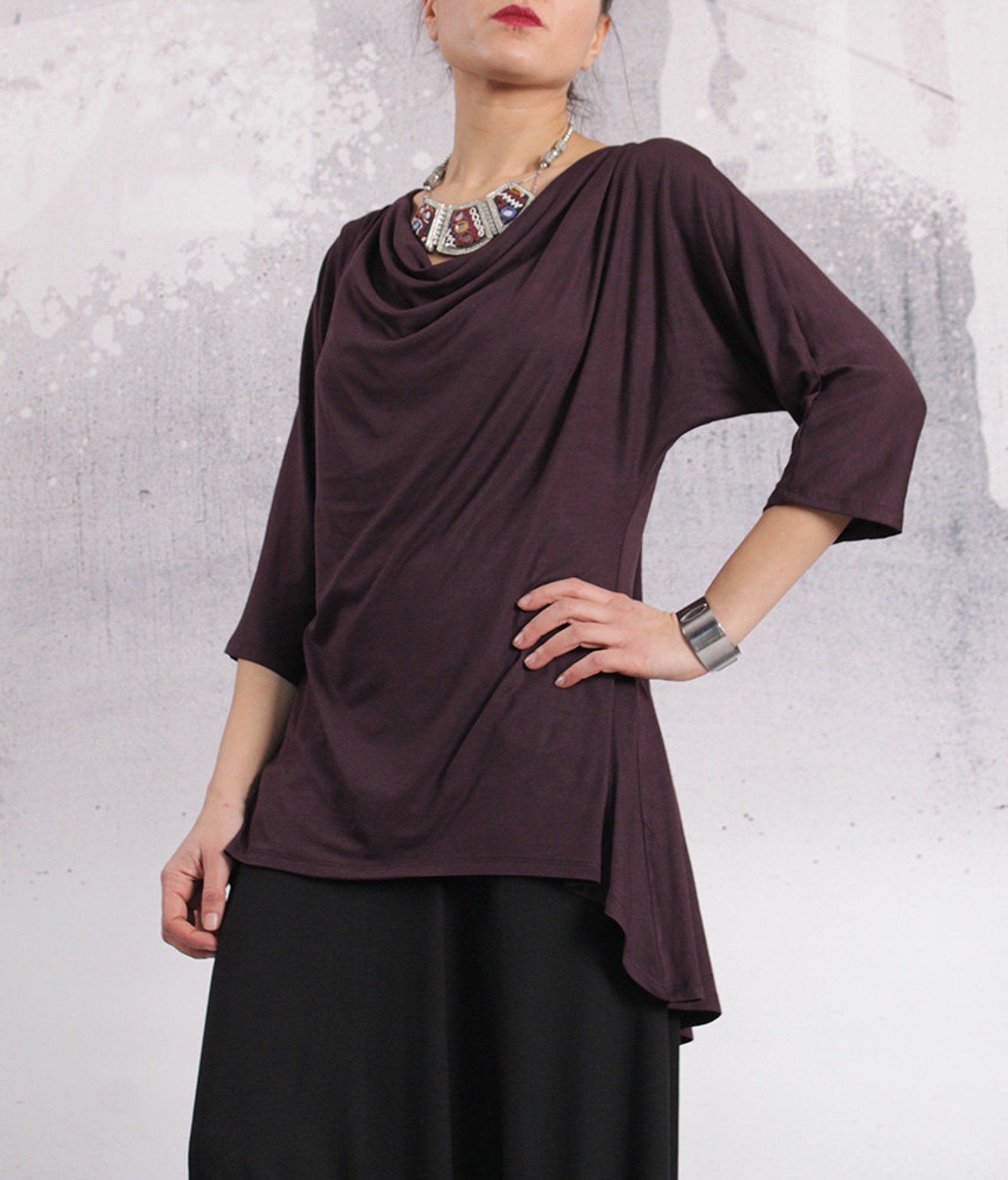 Tunic, Red Wine Top, Loose Blouse, Asymmetric Greek Neckline, Loose ...