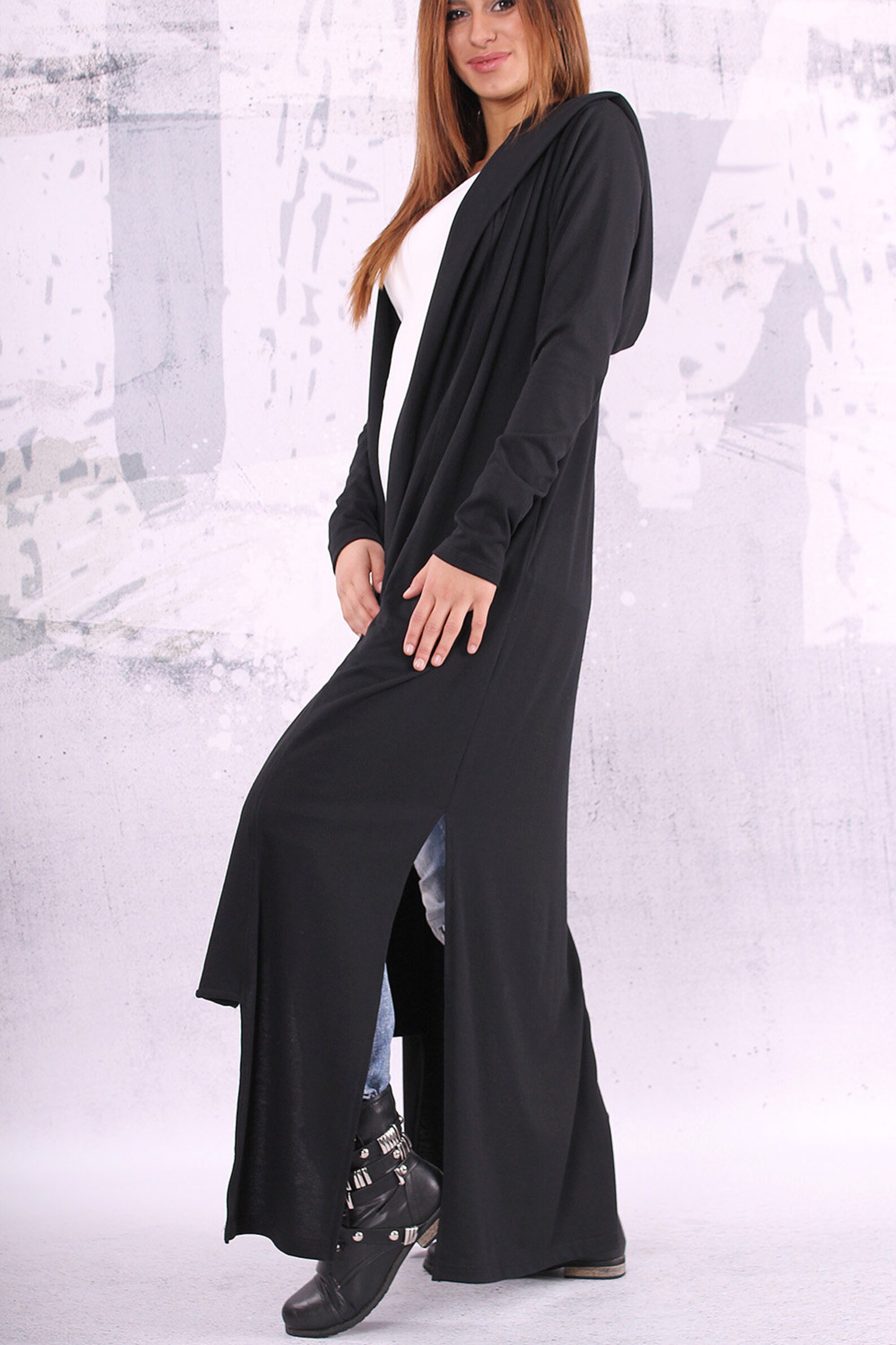 Extra Long Black Asymmetrical Hooded Vest With Long Sleeves and Slits ...
