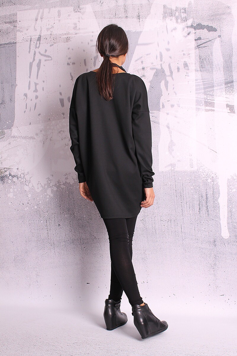 Black Blouse With Long Sleeves, Black Tunic, Black Top, Loose Top, Long ...