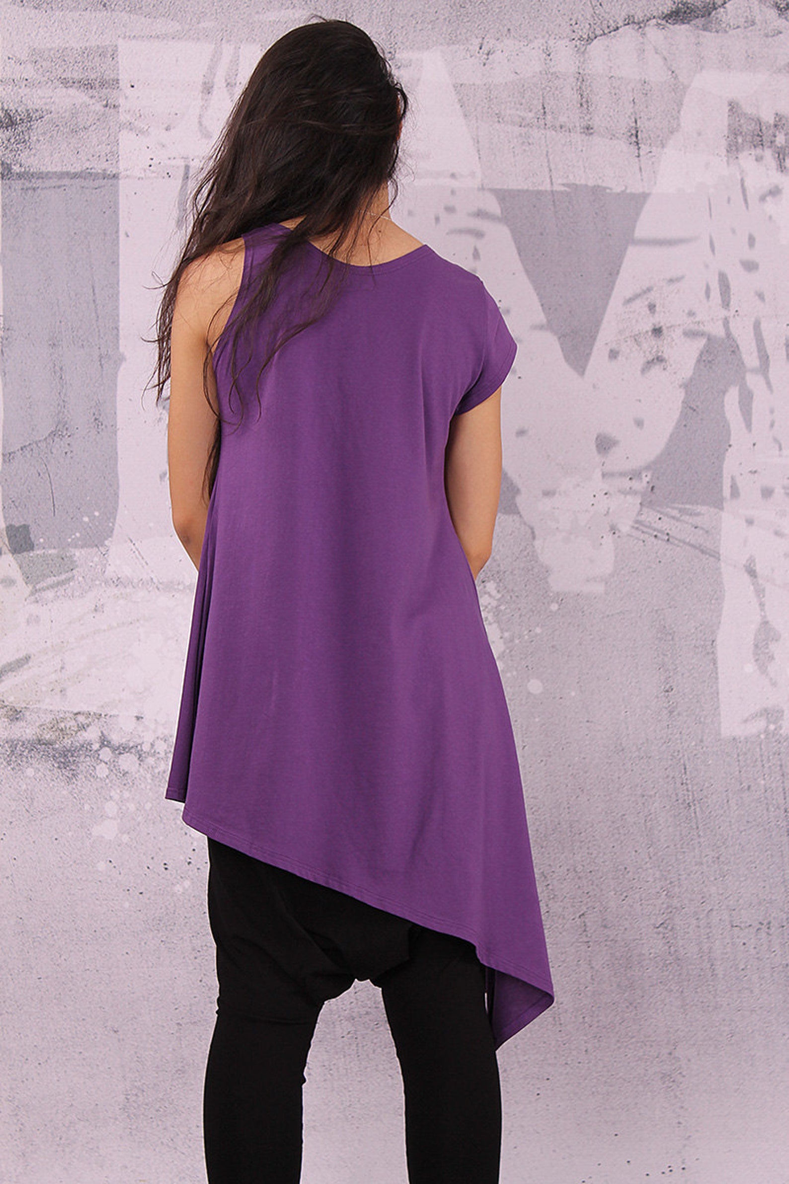 Top, Asymmetrical Purple Tunic, Top With One Short Sleeve, Loose Tunic ...