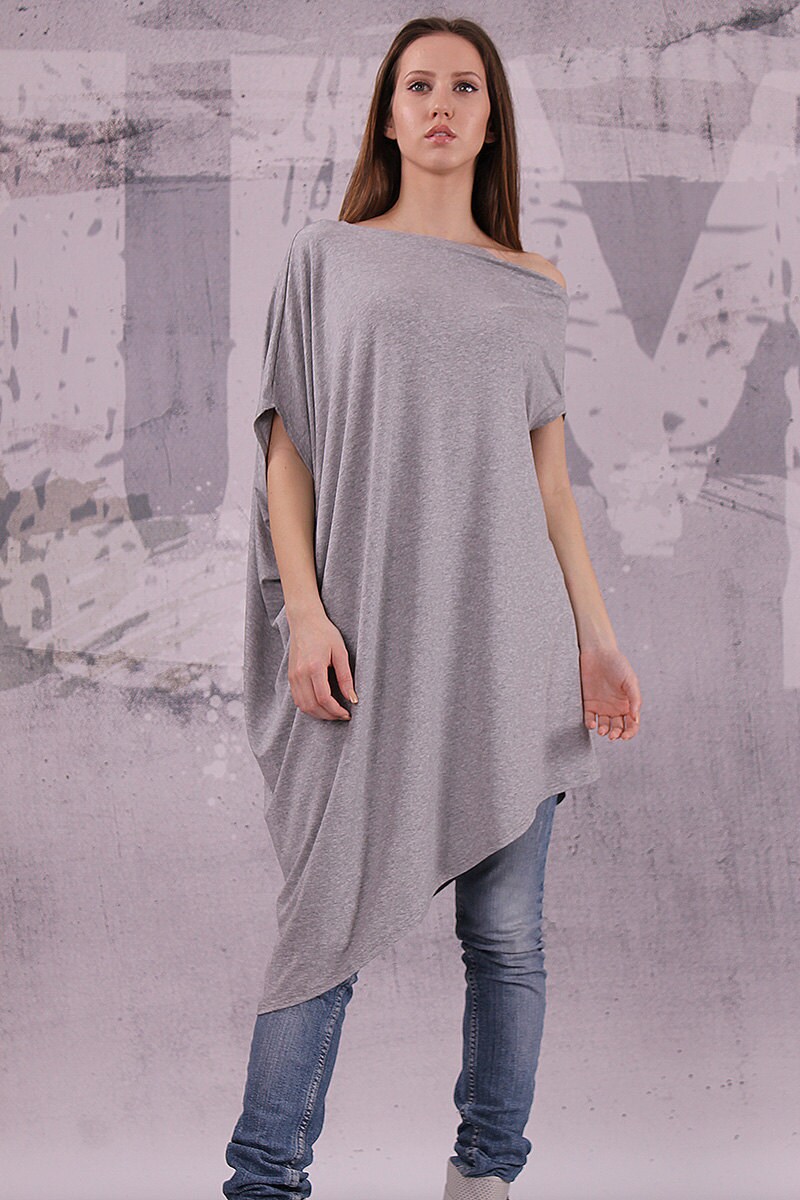 Asymmetrical gray tunic top with short sleeves loose tunic | Etsy