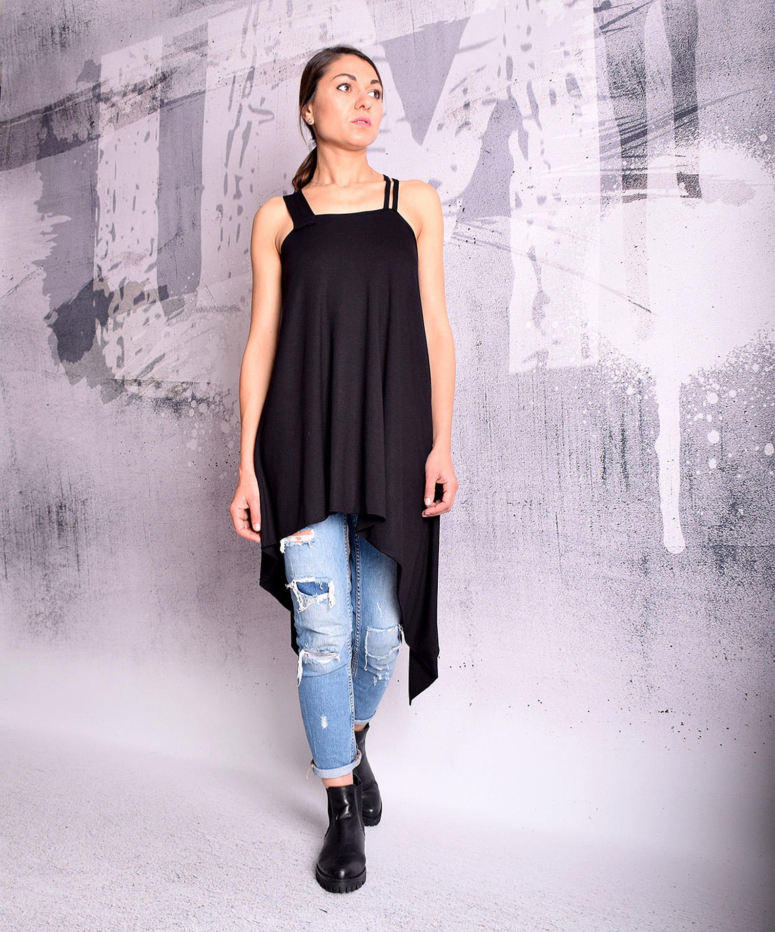 Black Top Black Tank Tunic Top Open Back Top Summer Top - Etsy