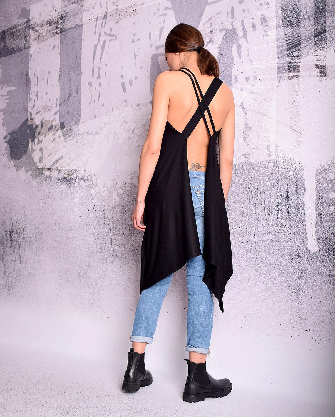 Black Top Black Tank Tunic Top Open Back Top Summer Top - Etsy