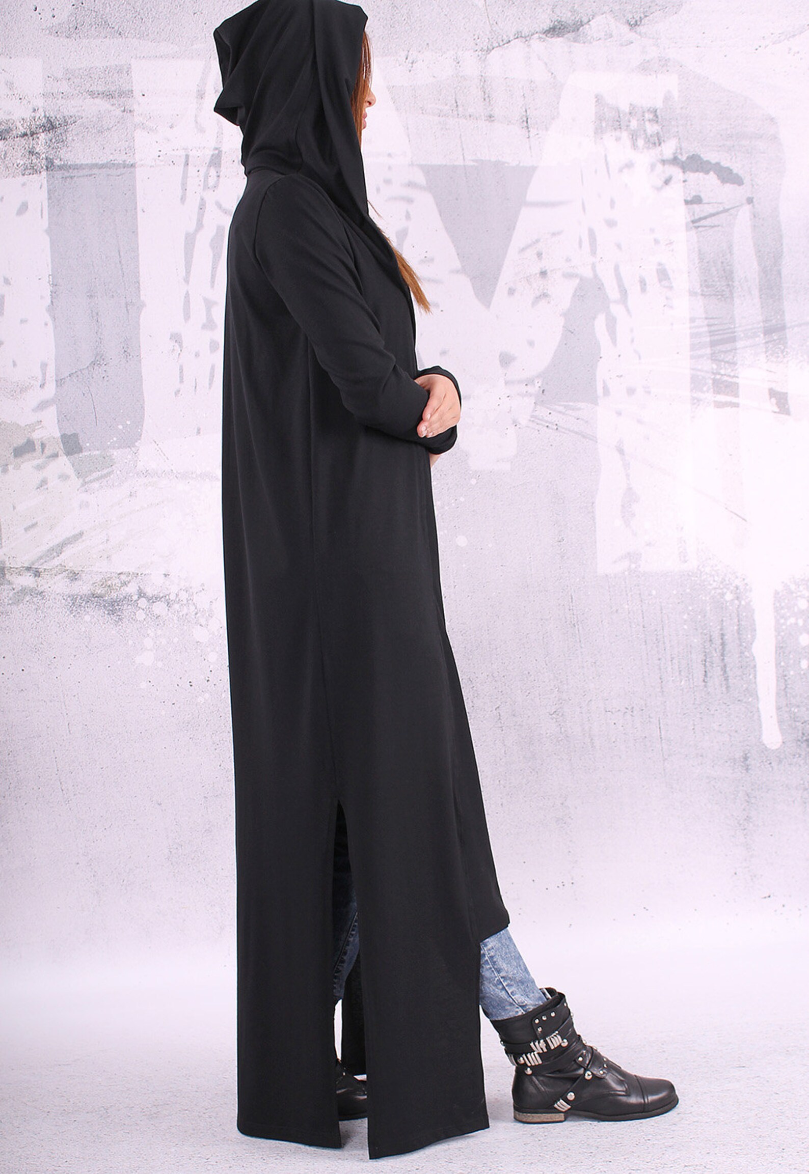 Extra Long Black Asymmetrical Hooded Vest With Long Sleeves and Slits ...