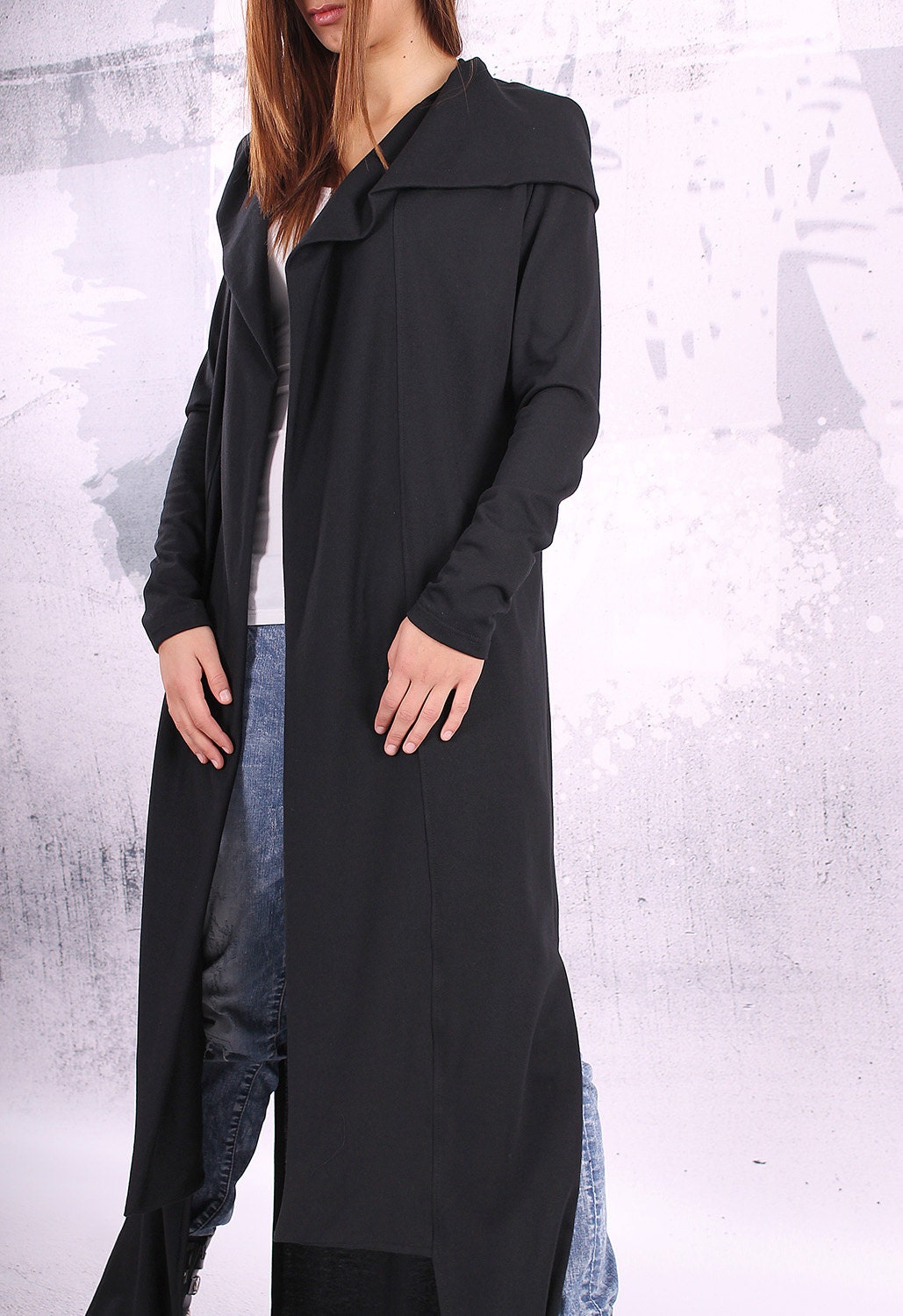 Extra Long Black Asymmetrical Hooded Vest With Long Sleeves - Etsy