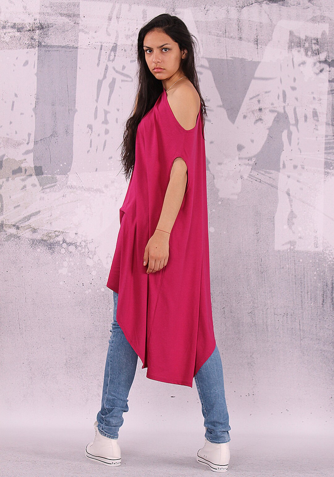 Loose Tunic, Plus Size Tunic, Oversize Tunic, Magenta Tunic, Asymmetric ...