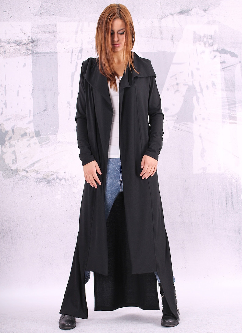 Extra Long Black Asymmetrical Hooded Vest With Long Sleeves and Slits ...