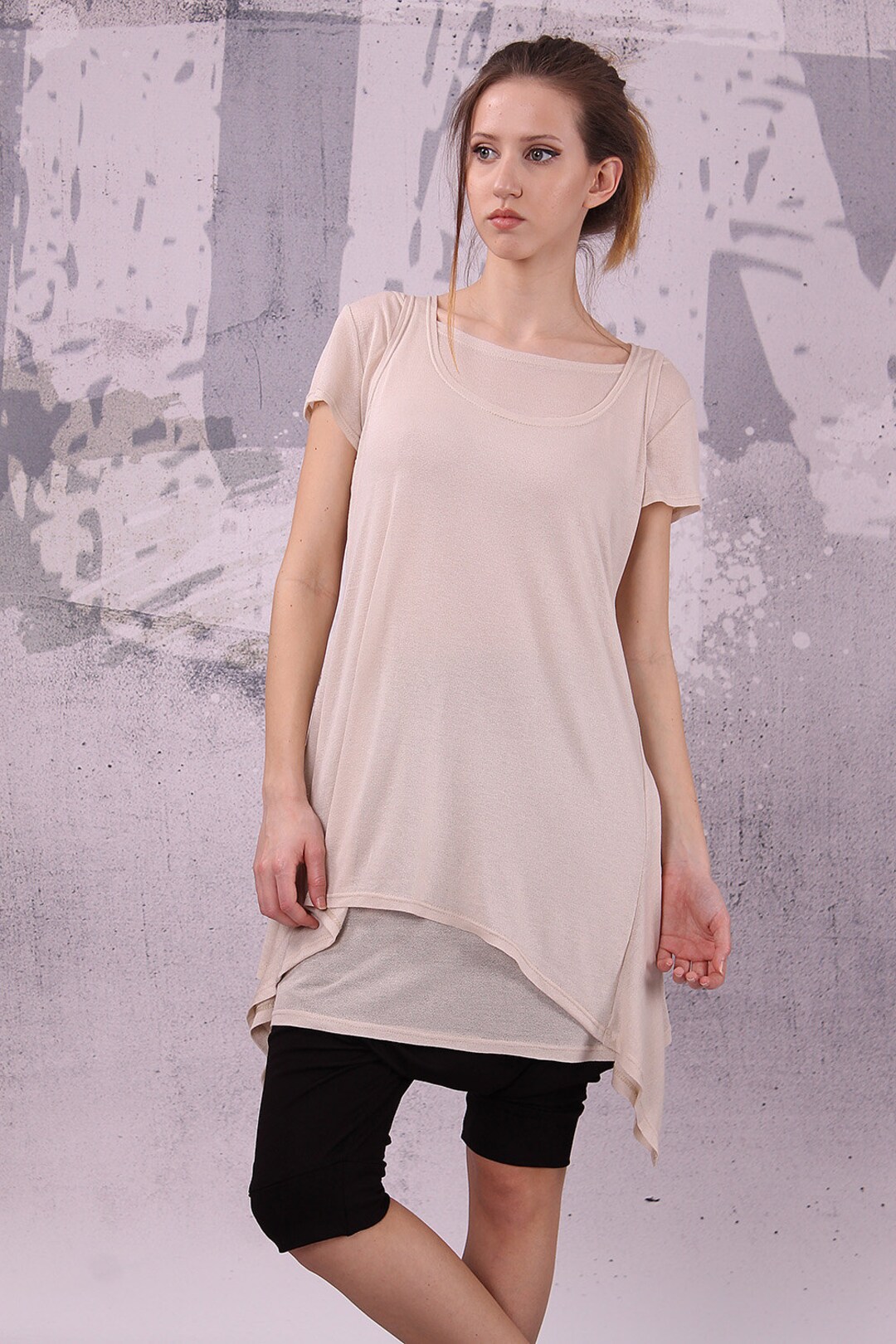 Loose Tunic, Asymmetric Beige Tunic, Set of TWO Pcs, Loose Top, Tank ...