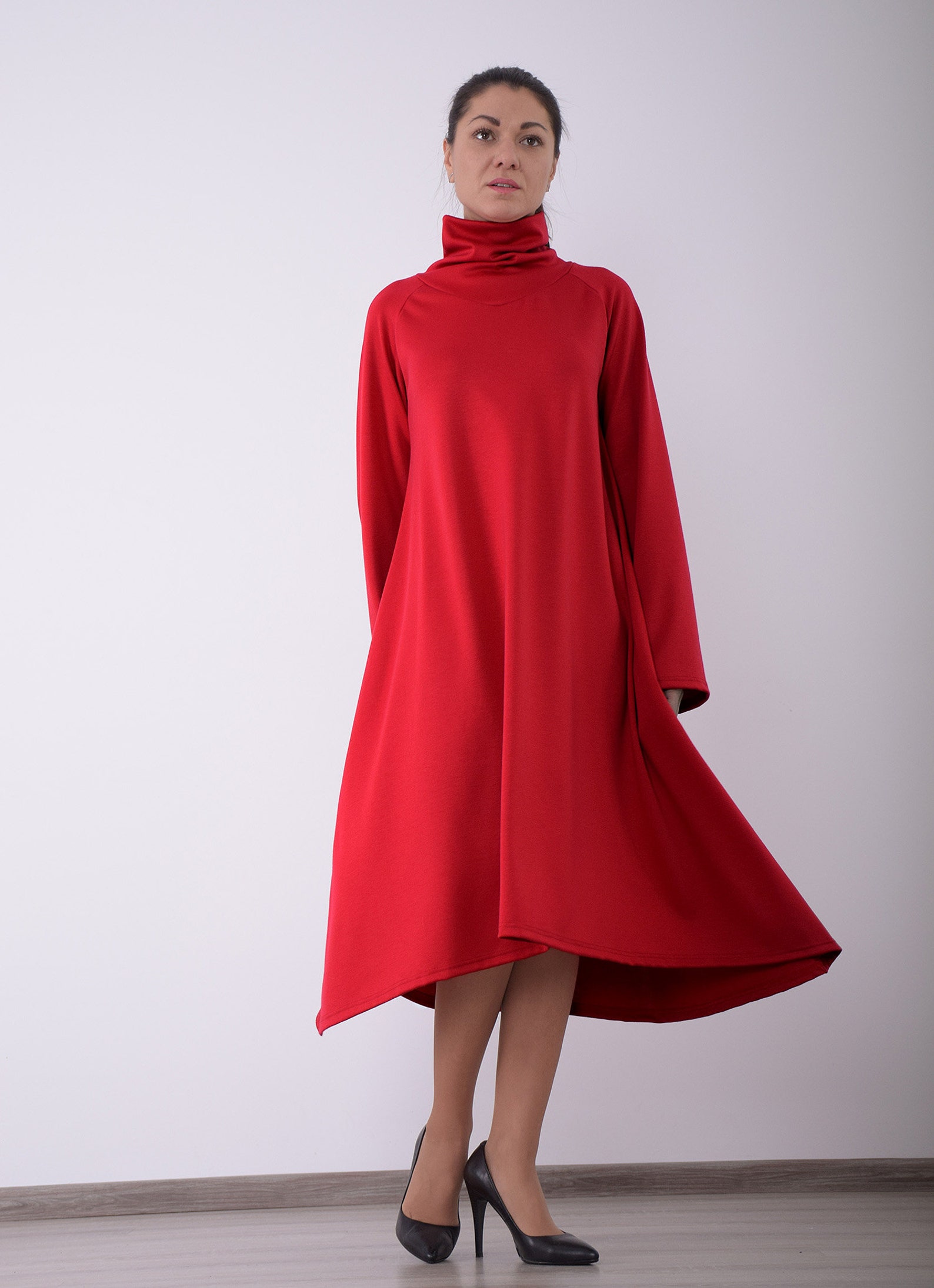 Red Women Dress Long Sleeved Dress Asymmetric Dress Knee Etsy