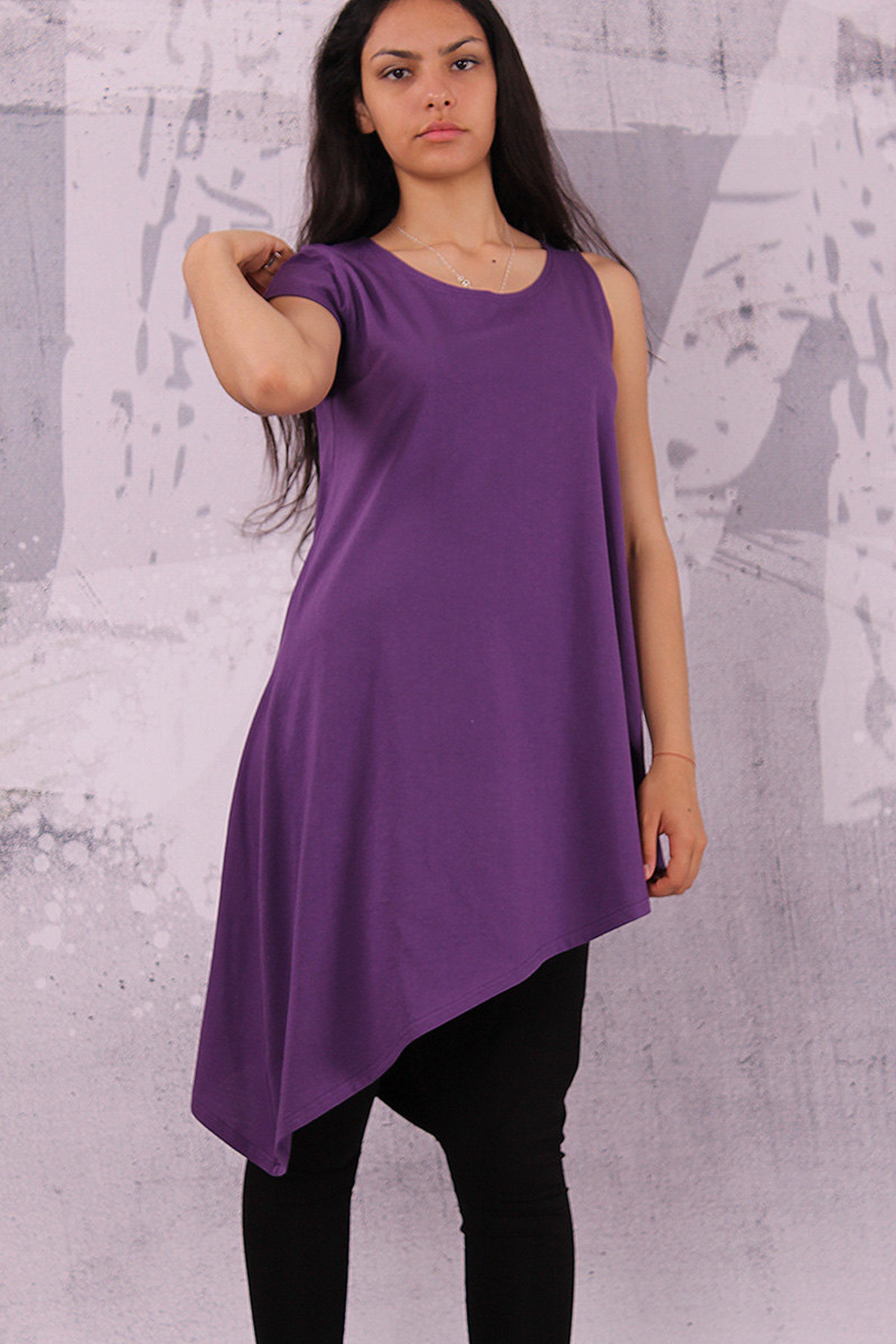 Top, Asymmetrical Purple Tunic, Top With One Short Sleeve, Loose Tunic ...