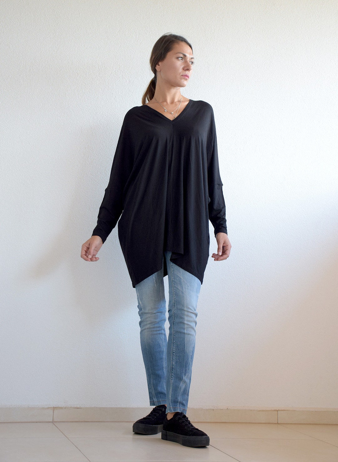 Black Tunic, Asymmetrical Tunic, Black Long Sleeved Tunic, Tunic Top ...