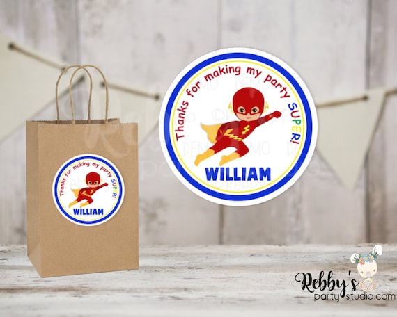 Superhero Flying Flash Boy Round Stickers Superhero Birthday | Etsy
