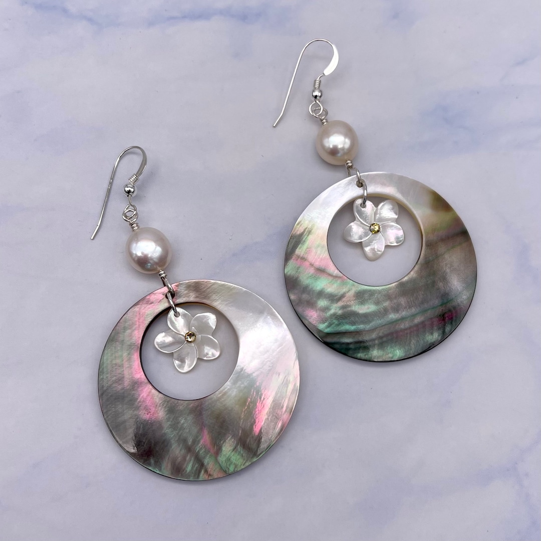 Black Lip Shell Perlmutt Frangipani Ohrringe, Yellow Lip Shell Perlmutt ...