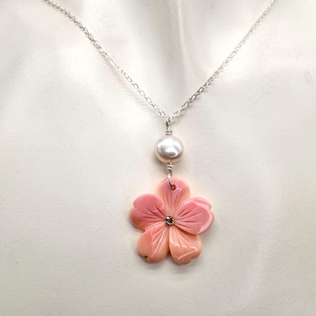 Pink or Peach Queen Conch Shell Plumeria and Button Pearl Necklace ...