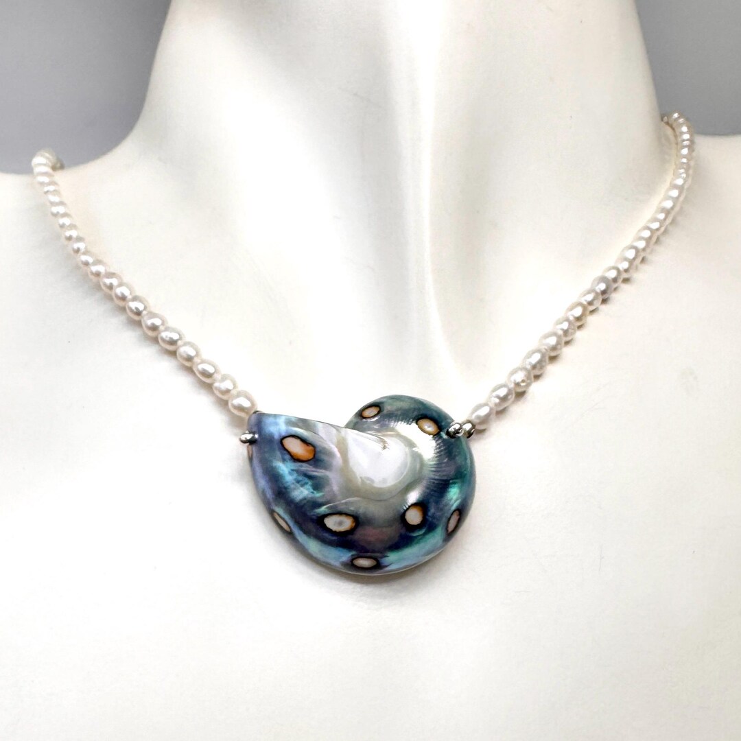 Blue Nautilus Shell Statement Necklace: Delicate Pearl Accent, Sterling ...