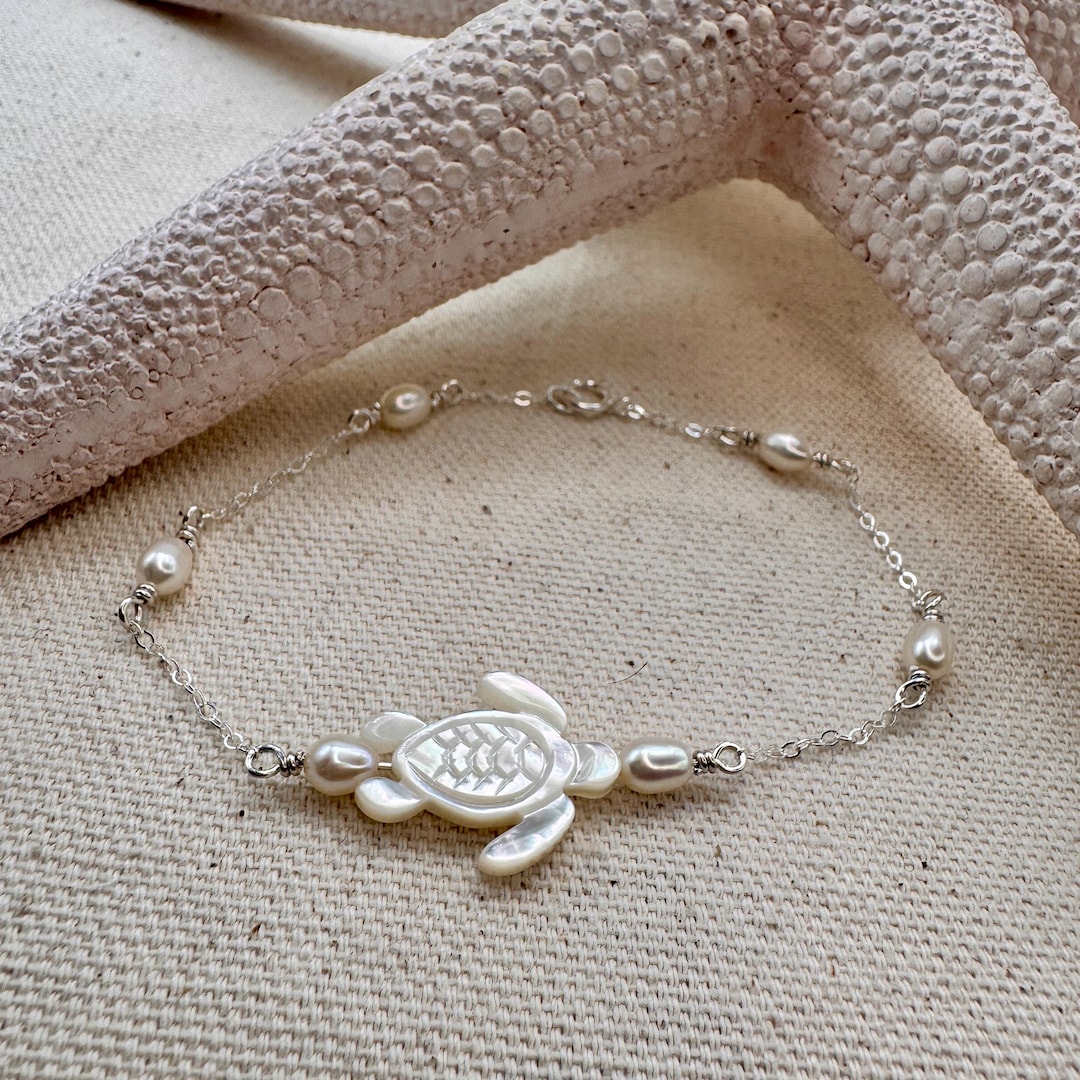 White Mother of Pearl Carved Sea Turtle and Pearls Bracelet or Anklet ...