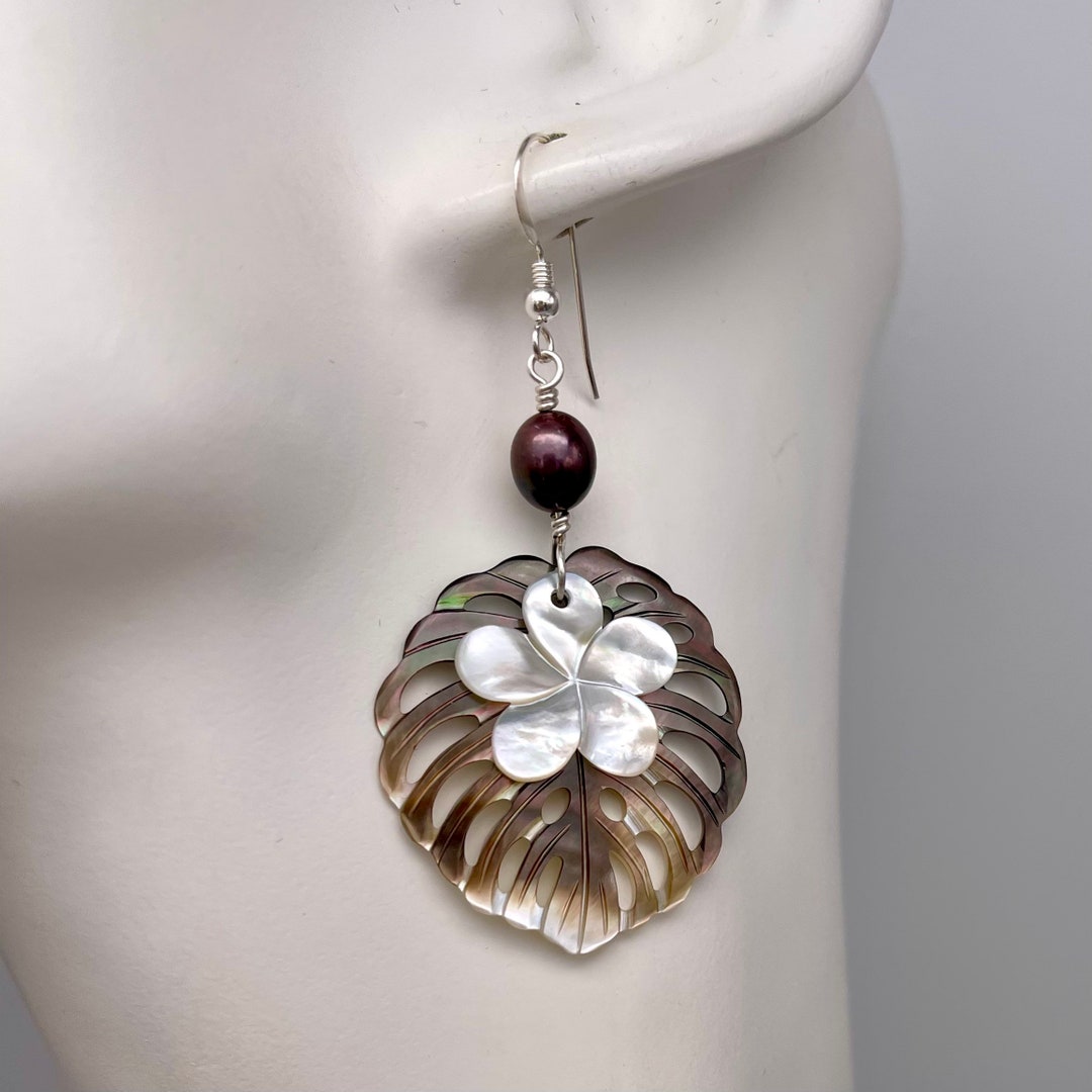 Black Lip Shell Monstera Leaf Mother of Pearl Plumeria Earrings - Etsy