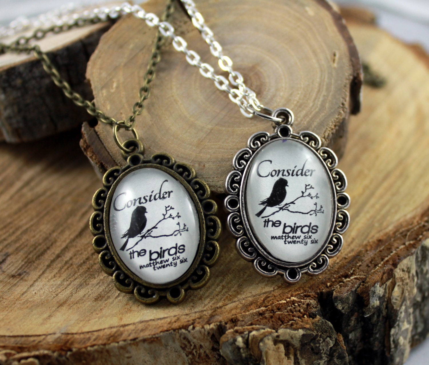 Pendant necklace Matthew 6:26 Consider the Birds Vintage style | Etsy