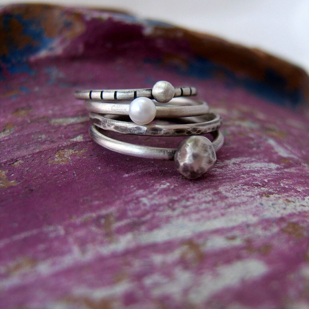 White Pearl Stacking Ring Set/sterling Silver Rings/oxizided Stacking ...