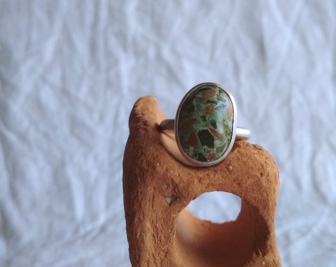 Sterling Silver Green Sea Stone Ring/mosaic Beach Stone Ring/sea Stone ...