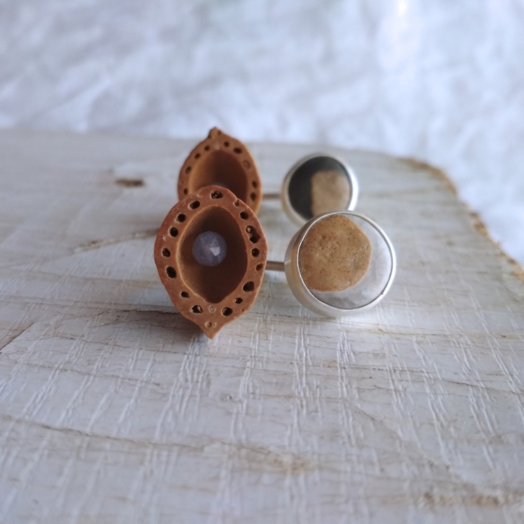 Sterling Silver Sea Stone Ear Jackets/chalcedony Earrings/almond Nut ...