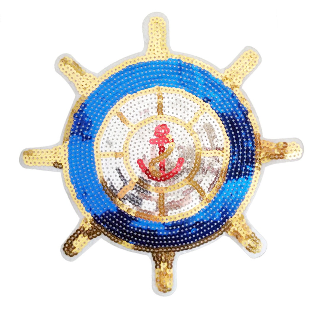 XXL Extra Large Blue & Gold Sequins Ships Steering Wheel Helm Patch ...