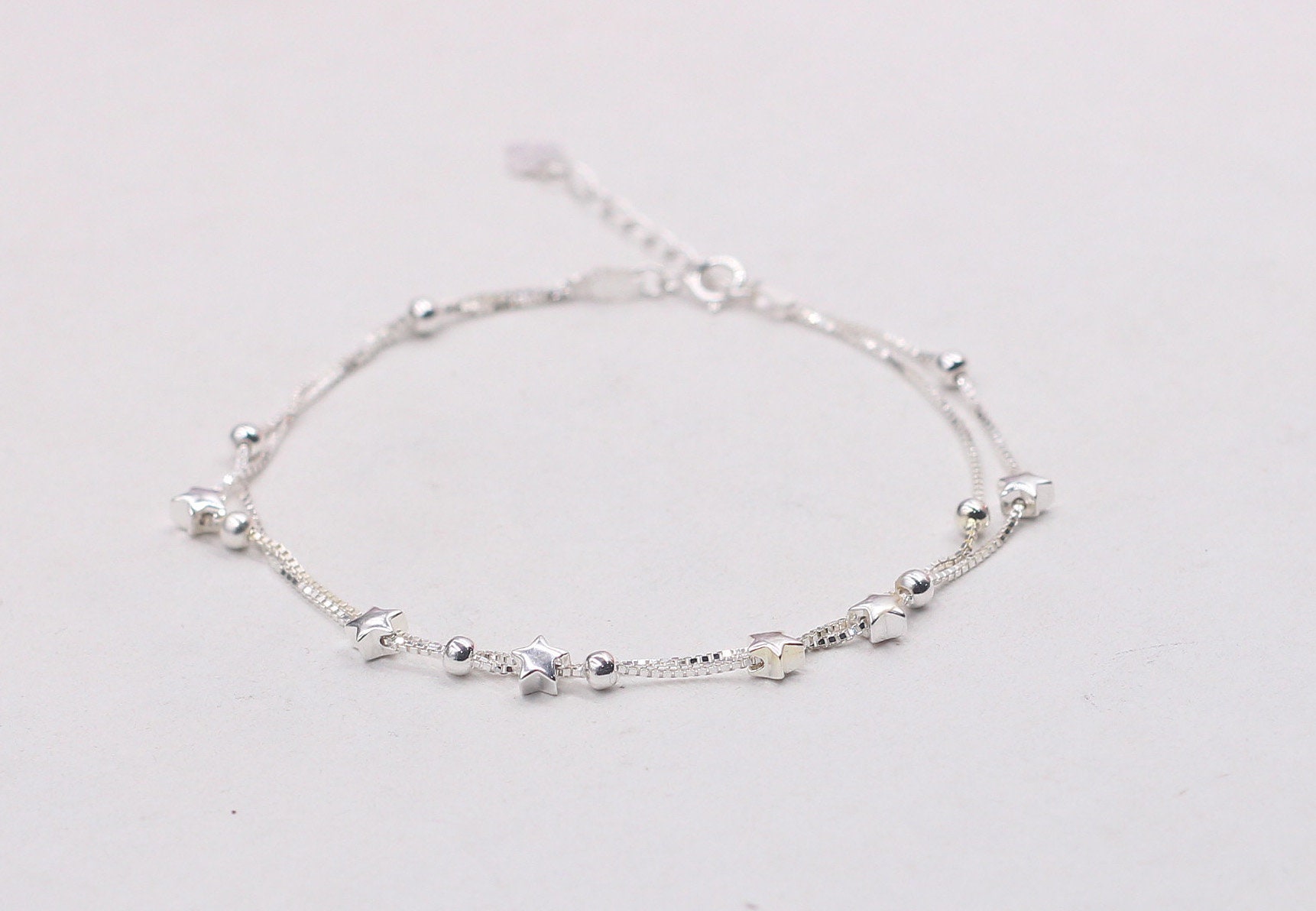 Stars and Beads Sterling Silver Anklets 925 Silver Charms | Etsy