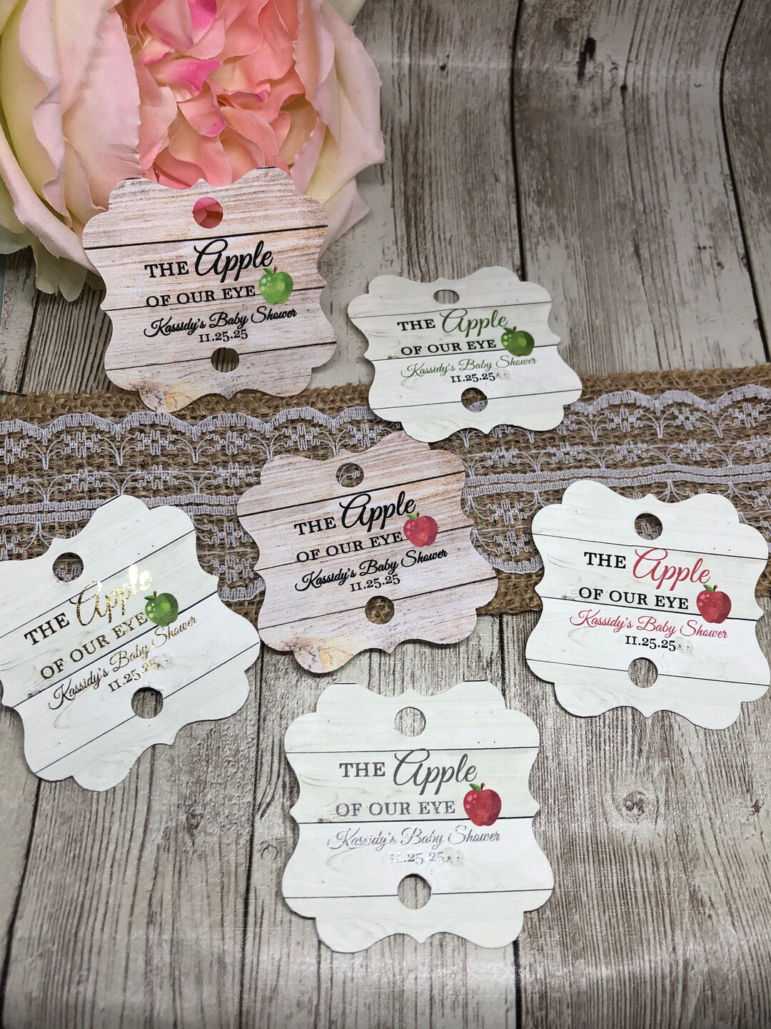Apple of Our Eye Baby Shower Favor Tags, Gold Foil Tags, Rustic Wood ...