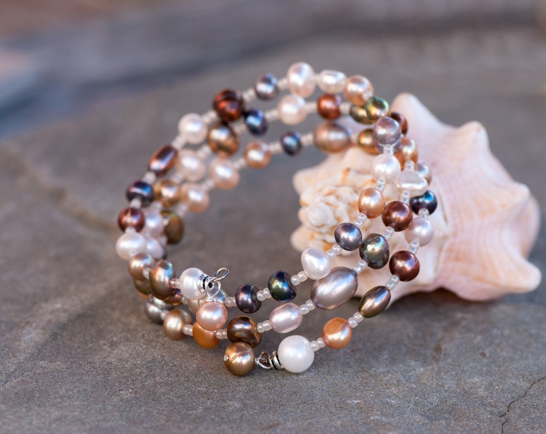Freshwater Pearl Bracelet. Multi-colored Pearl Memory Wire Bracelet ...