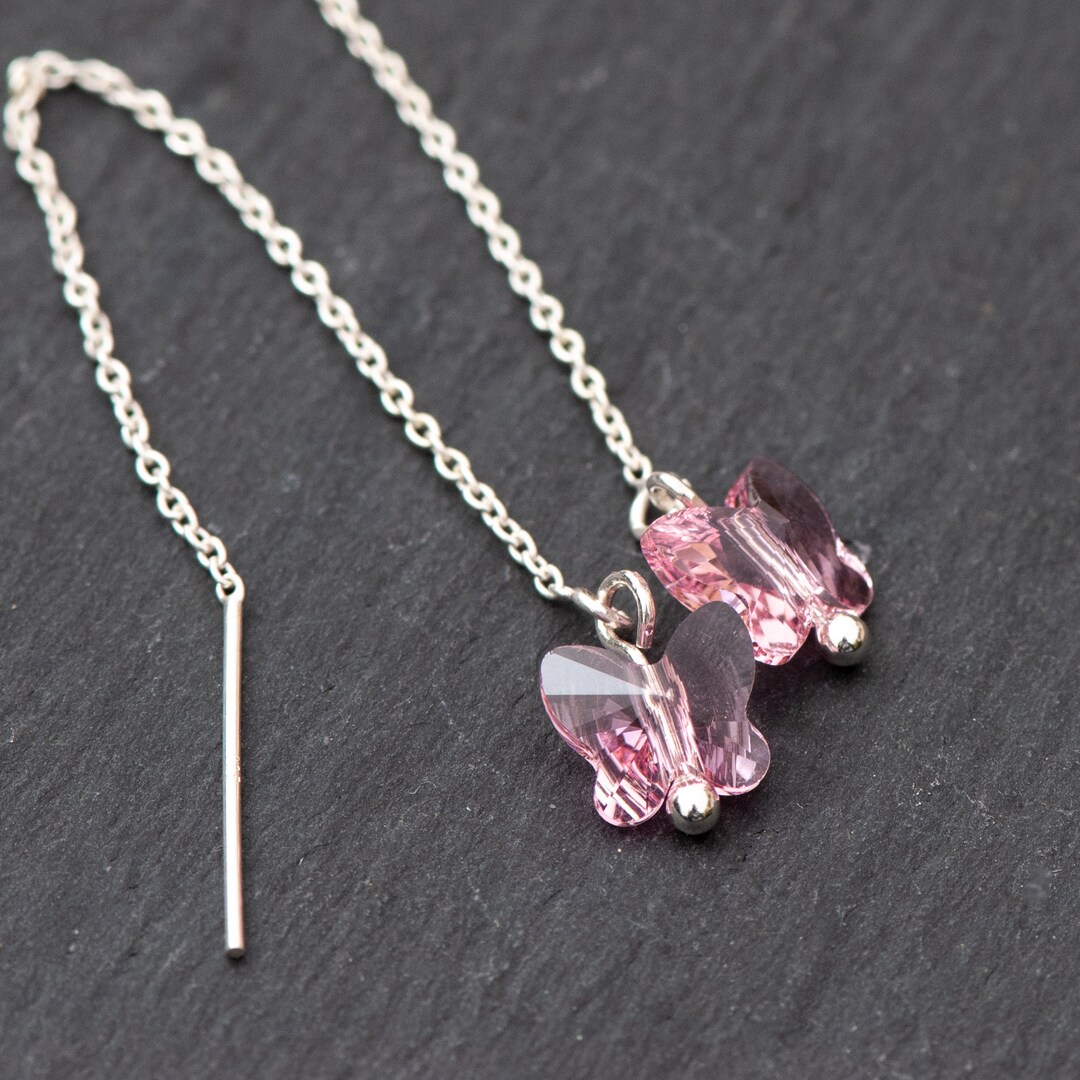 Pink Butterfly Crystal Threader Earrings,tiny Pink Premium Crystals ...