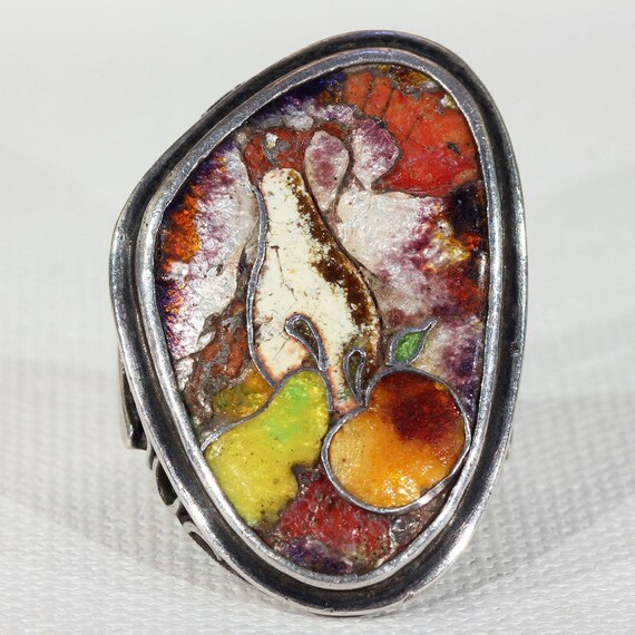 Enamel Still Life Silver Ring - Gem