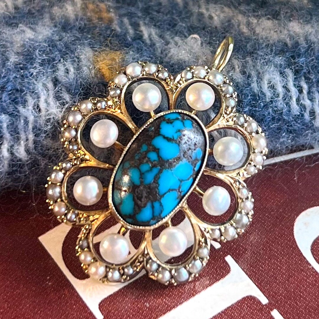 Antique Turquoise Pearls Pendant 15k Gold Floral-shaped - Etsy