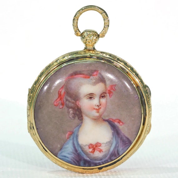 Georgian Enamel Portrait Locket Pendant 18k Gold - Gem