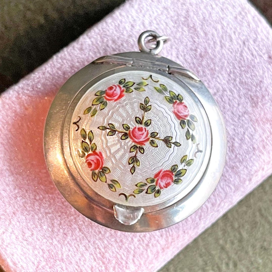 Antique Silver Enamel Compact Locket With Roses and Mirror, Birmingham ...